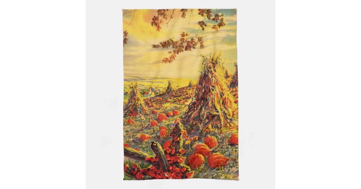 Vintage Halloween Pumpkin Patch with Haystacks Towel | Zazzle