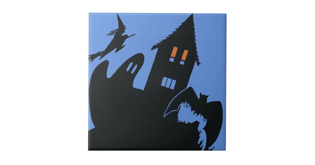 Vintage Halloween, Scary Haunted House and Witch Ceramic Tile | Zazzle