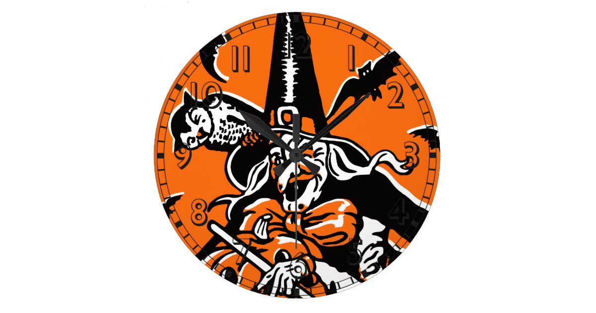 Vintage Halloween Witch and Owl Illustration Large Clock | Zazzle.com