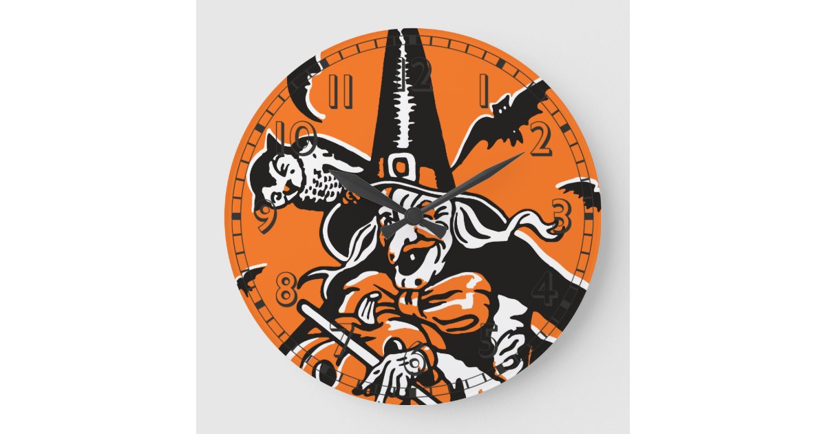 Vintage Halloween Witch and Owl Illustration Large Clock | Zazzle