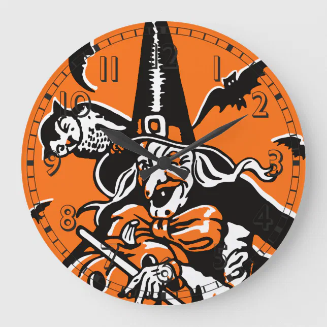 Vintage Halloween Witch and Owl Illustration Large Clock | Zazzle