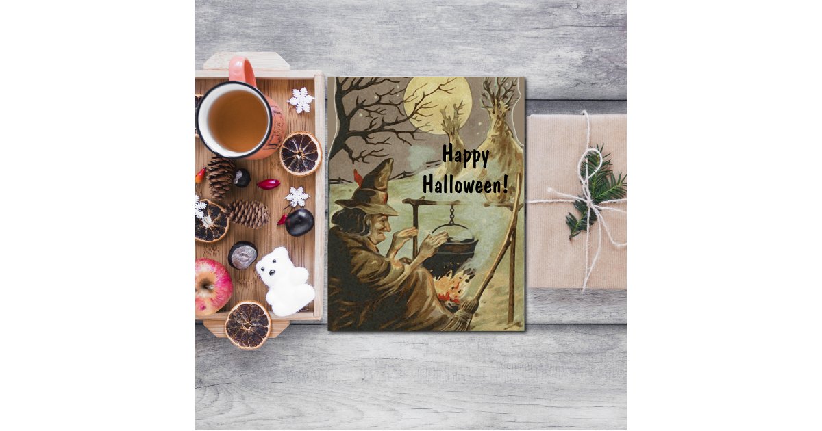 Vintage Halloween Witch Brew in Cauldron Card | Zazzle