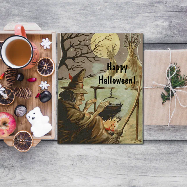 Vintage Halloween Witch Brew in Cauldron Card | Zazzle