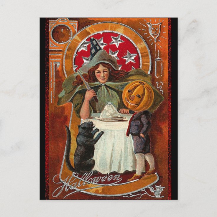Vintage Halloween Witch Casting Spell with Wand Postcard | Zazzle