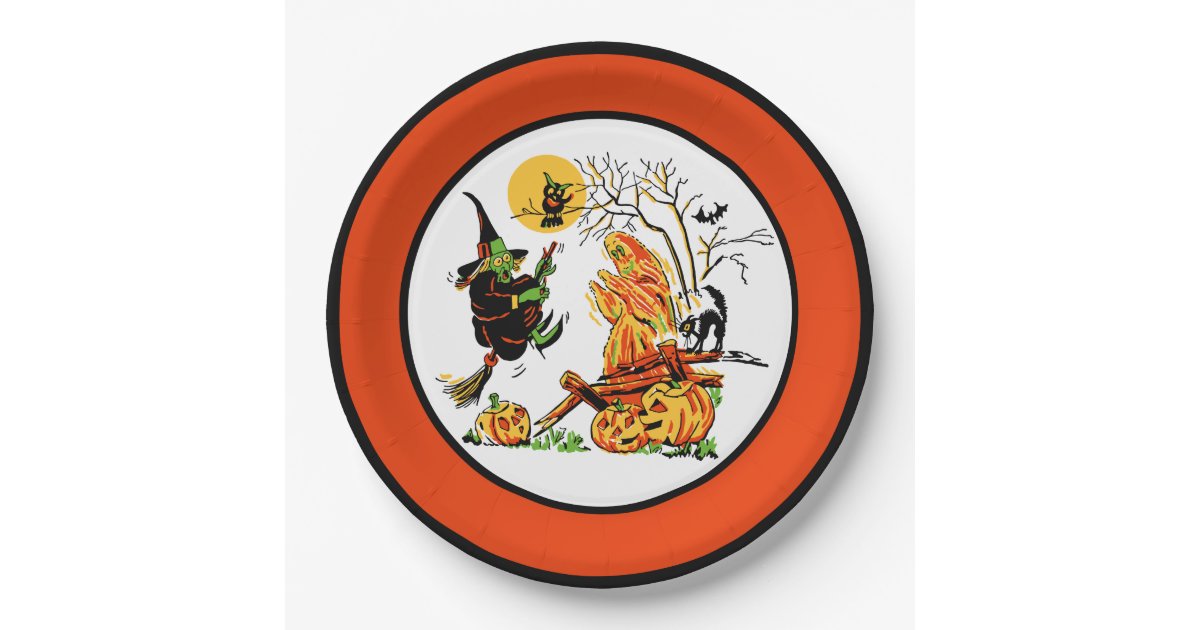 Vintage Halloween Witch & Ghost Paper Plates | Zazzle
