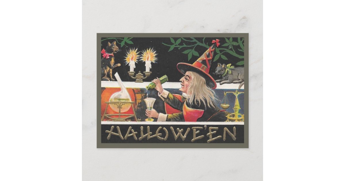 Vintage Halloween Witch Mixing Magic Potion Postcard | Zazzle