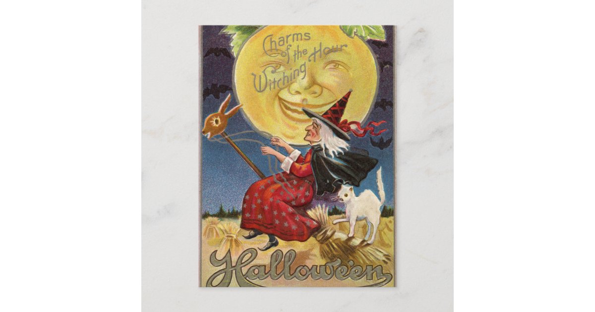 Vintage Halloween witch moon cat postcard | Zazzle