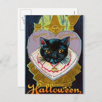 Vintage Halloween witch moon cat postcard | Zazzle