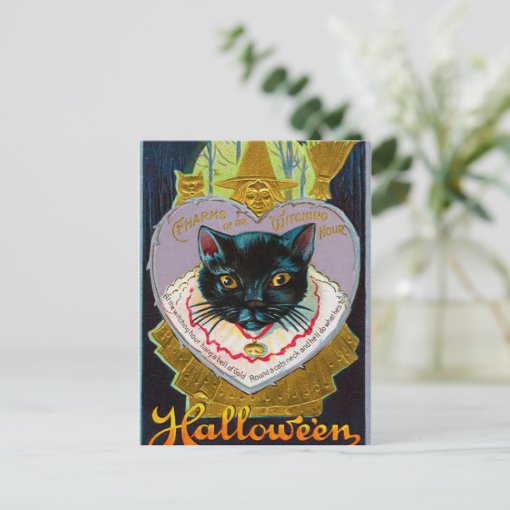 Vintage Halloween witch moon cat postcard | Zazzle