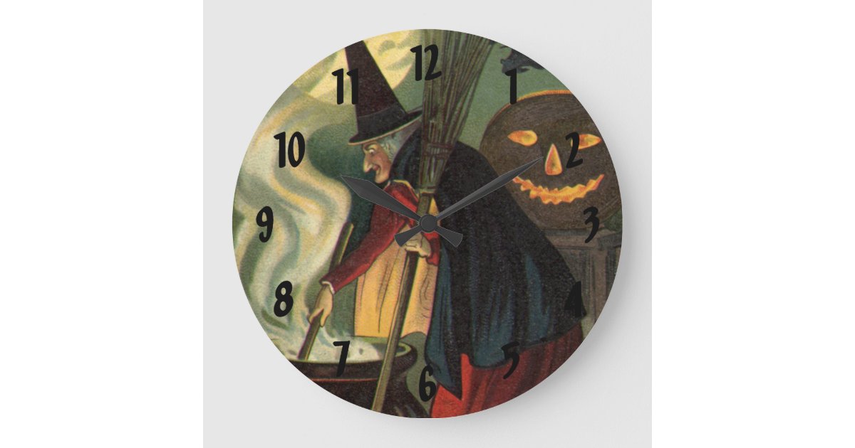 Vintage Halloween Witch Stirring Magic Cauldron Large Clock | Zazzle