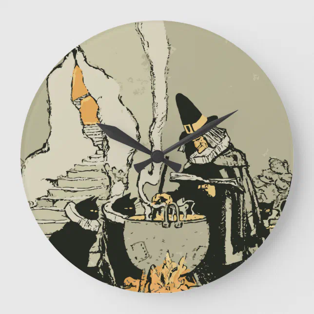 Vintage Halloween, Witch with Cauldron and Cats Large Clock | Zazzle