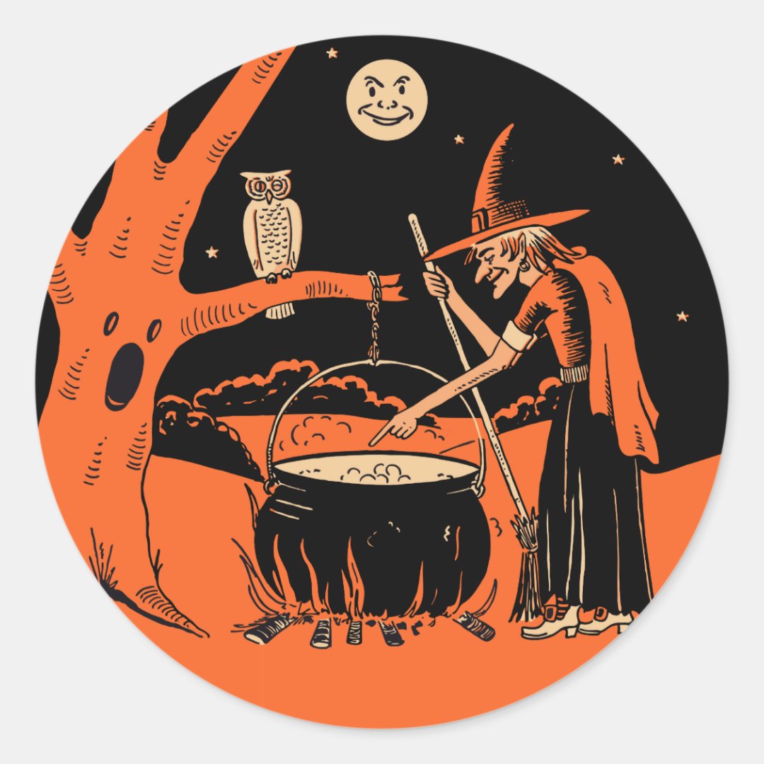 Vintage Halloween Witch with Cauldron Stickers | Zazzle