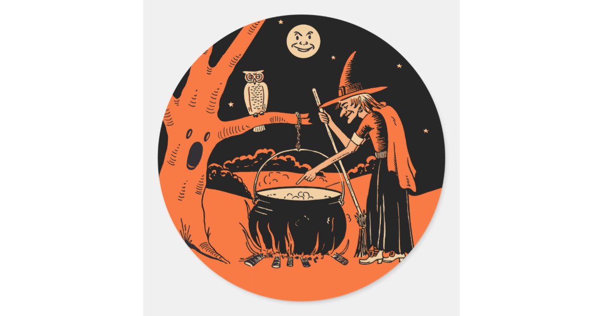 Vintage Halloween Witch with Cauldron Stickers | Zazzle