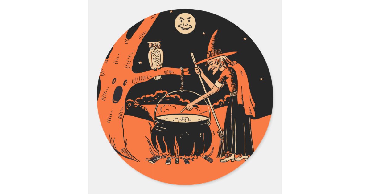 Vintage Halloween Witch with Cauldron Stickers | Zazzle