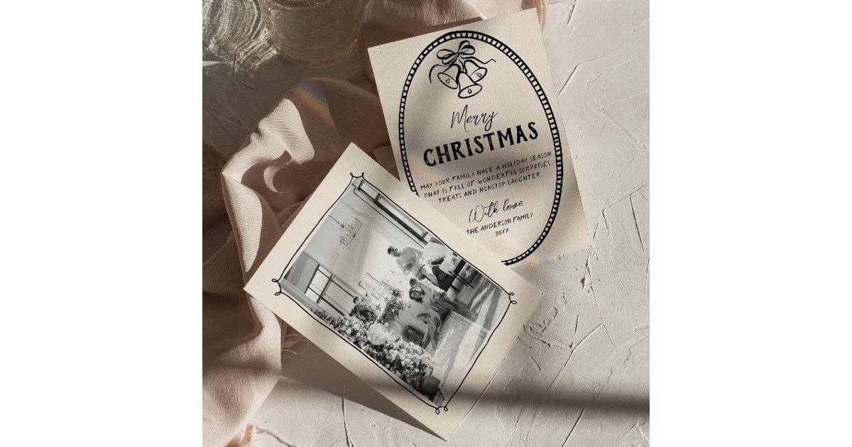 Vintage Hand Drawn Bells Frame Photo Christmas Holiday Card | Zazzle