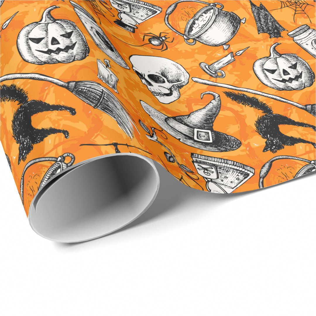 Vintage hand drawn halloween pattern wrapping paper | Zazzle
