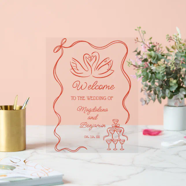 Vintage Hand Drawn Orange Swans Wedding Welcome Acrylic Sign | Zazzle