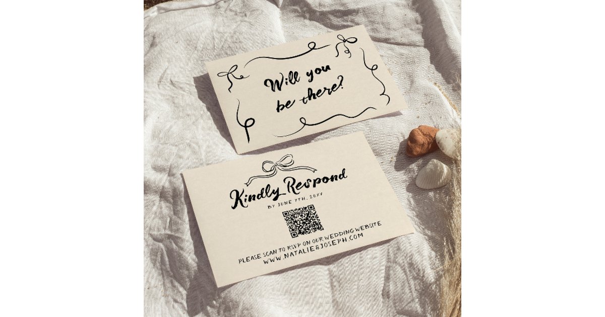 Vintage Hand Written Modern Bow QR Code Wedding RSVP Card | Zazzle