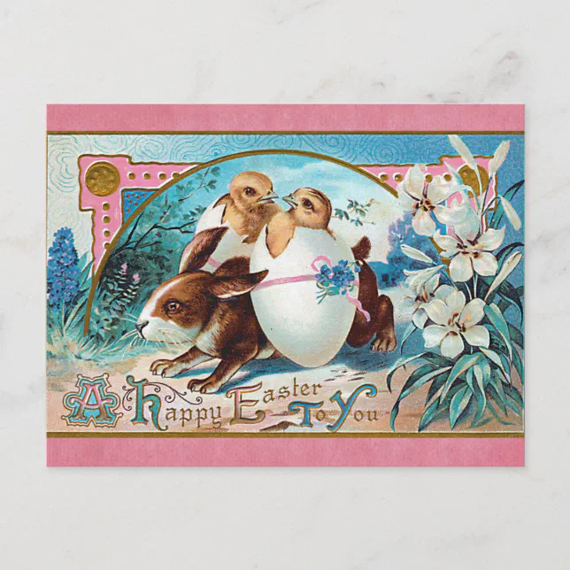 Vintage Happy Easter Cute Rabbit Chicks Egg Postcard | Zazzle