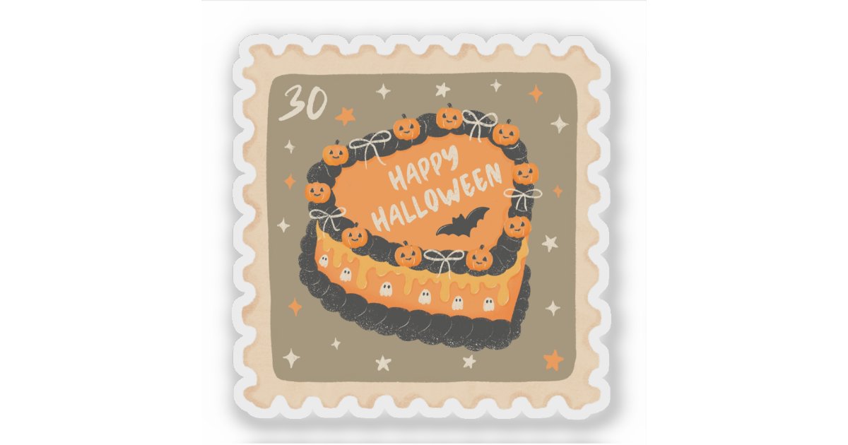 Vintage Happy Halloween Cake Stamp Sticker | Zazzle