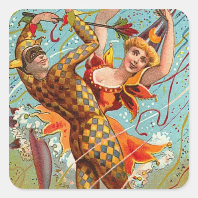 Vintage Happy Halloween Dancing in Jester Costume Square Sticker | Zazzle