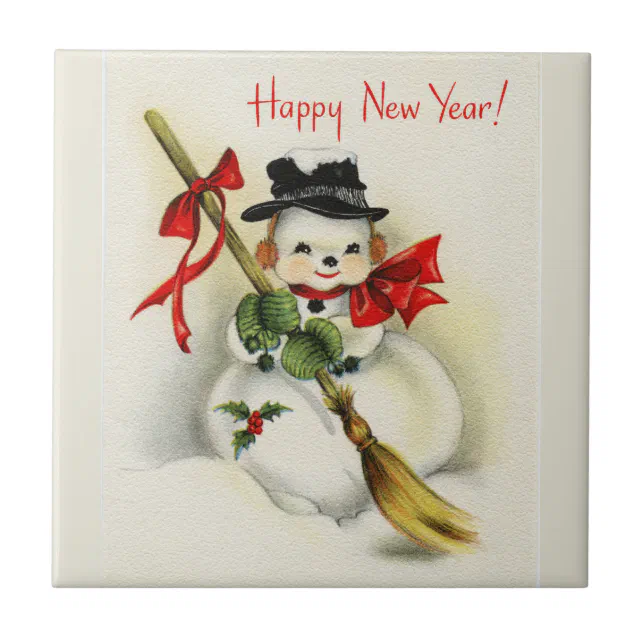 Vintage Happy New Year Snowman Ceramic Tile | Zazzle