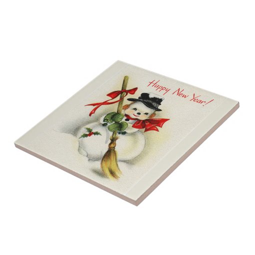 Vintage Happy New Year Snowman Ceramic Tile | Zazzle