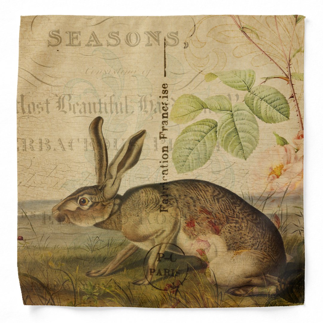 Vintage Hare Animal Illustration Floral Collage Bandana | Zazzle