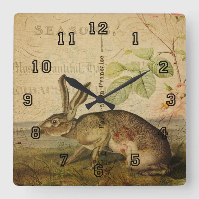 Vintage Hare Animal Illustration Floral Collage Square Wall Clock | Zazzle