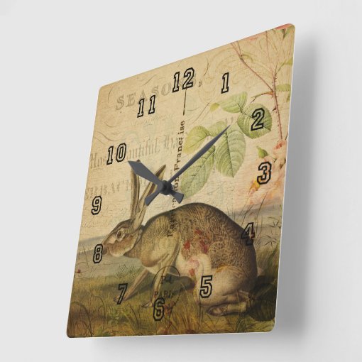 Vintage Hare Animal Illustration Floral Collage Square Wall Clock | Zazzle
