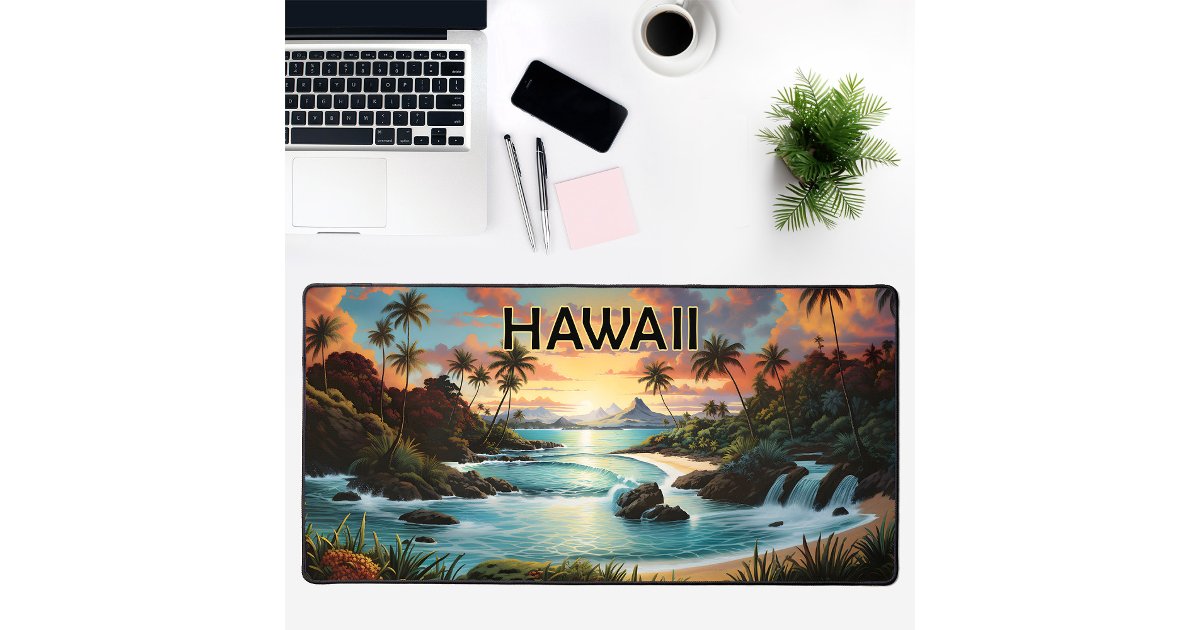 Vintage Hawaii Beach Mountains Painting Desk Mat | Zazzle