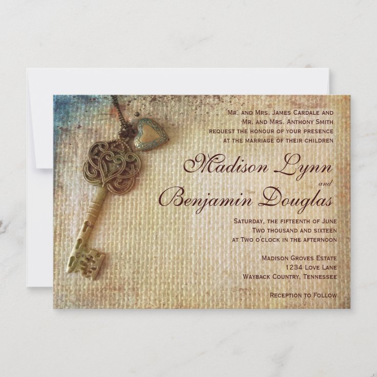 Vintage Heart Key Rustic Burlap Wedding Invitation | Zazzle