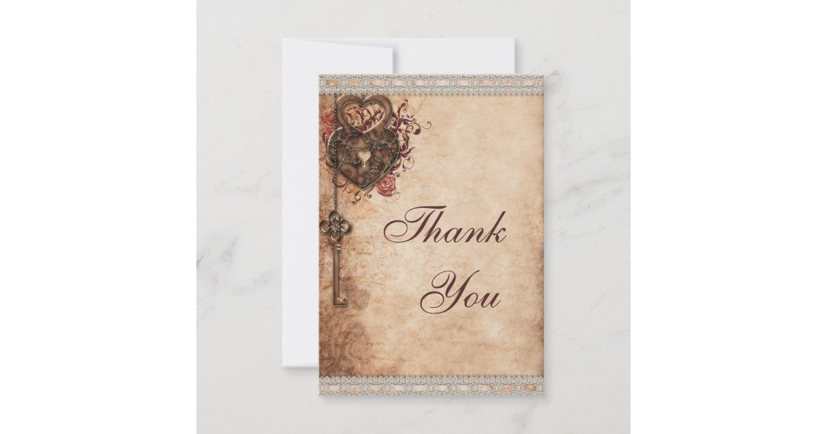 Vintage Heart Lock & Key Wedding Thank You | Zazzle