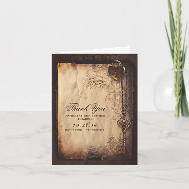 VINTAGE HEART LOCK KEY WEDDING THANK YOU CARDS | Zazzle