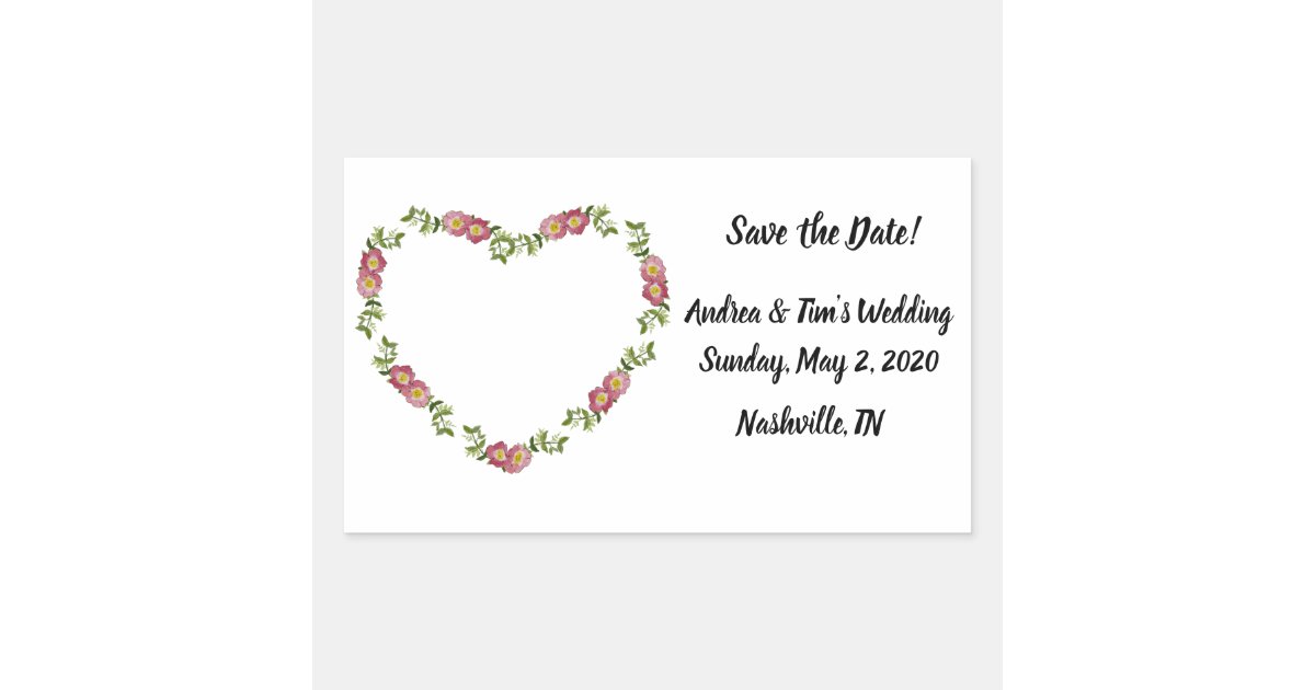 Vintage Heart-Shaped Wreath Flowers Save the Date Rectangular Sticker ...