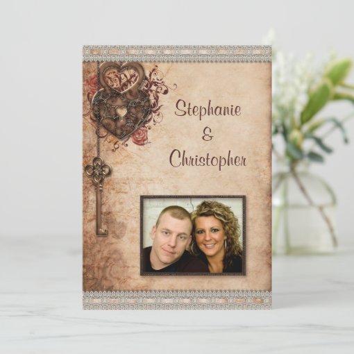 Vintage Hearts Lock and Key Photo Wedding Invitation | Zazzle