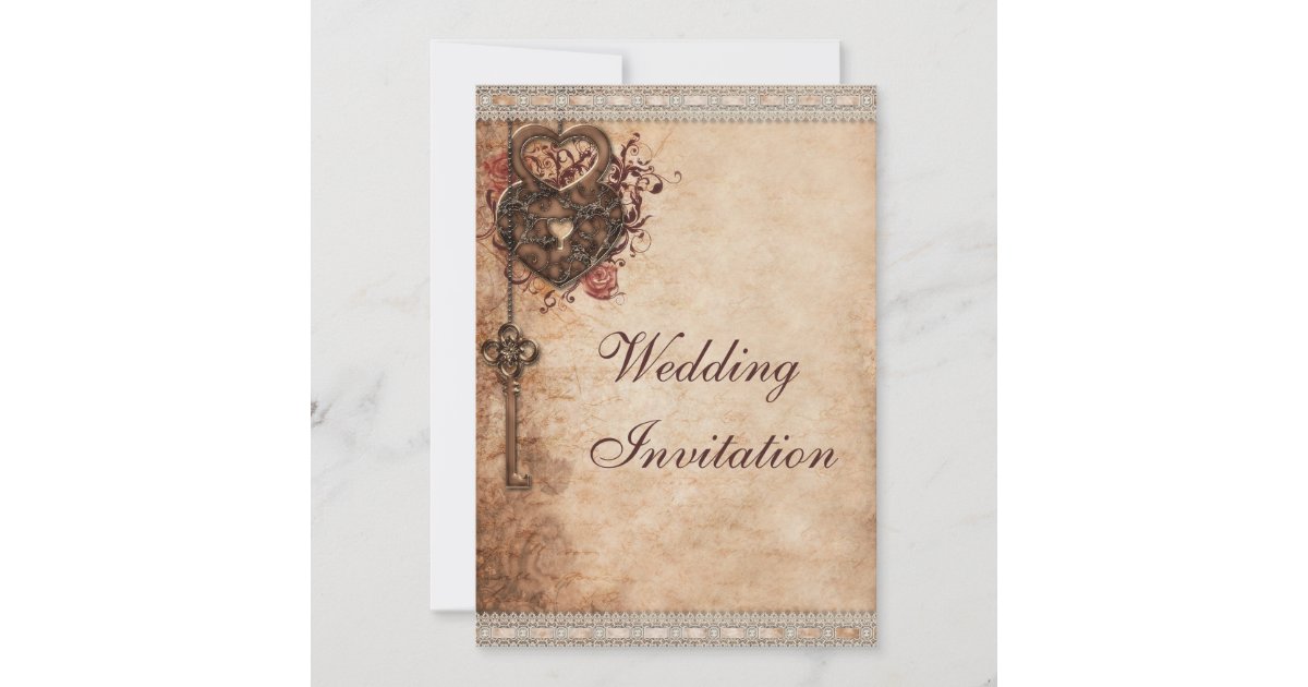 Vintage Hearts Lock and Key Wedding Invitation | Zazzle