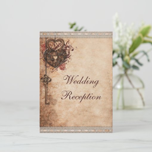 Vintage Hearts Lock and Key Wedding Reception Invitation | Zazzle