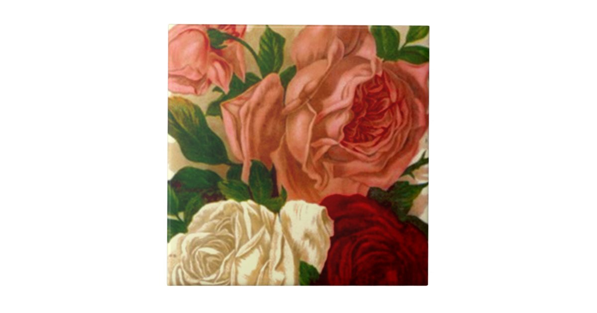 Vintage Heirloom Roses Antique Old Blush Rose Tile | Zazzle