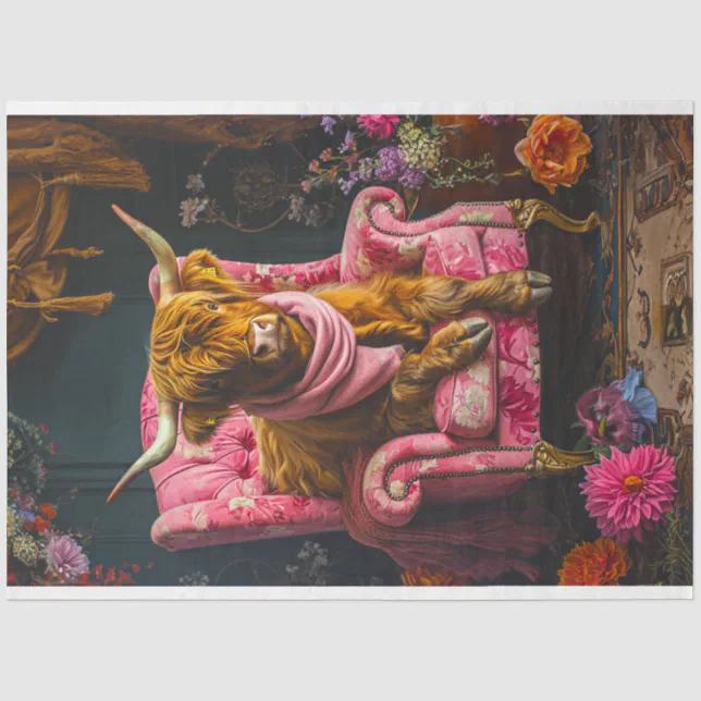 Vintage Highland Cow Pink Chair Decoupage Tissue Paper | Zazzle