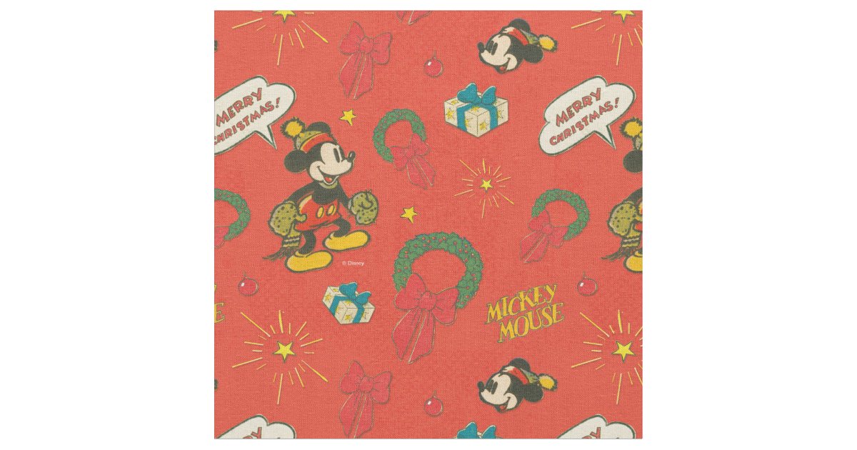 Vintage Holiday Mickey Mouse Pattern Fabric | Zazzle