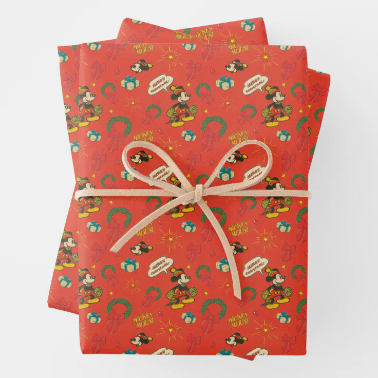 Vintage Holiday Mickey Mouse Pattern Wrapping Paper Sheets | Zazzle