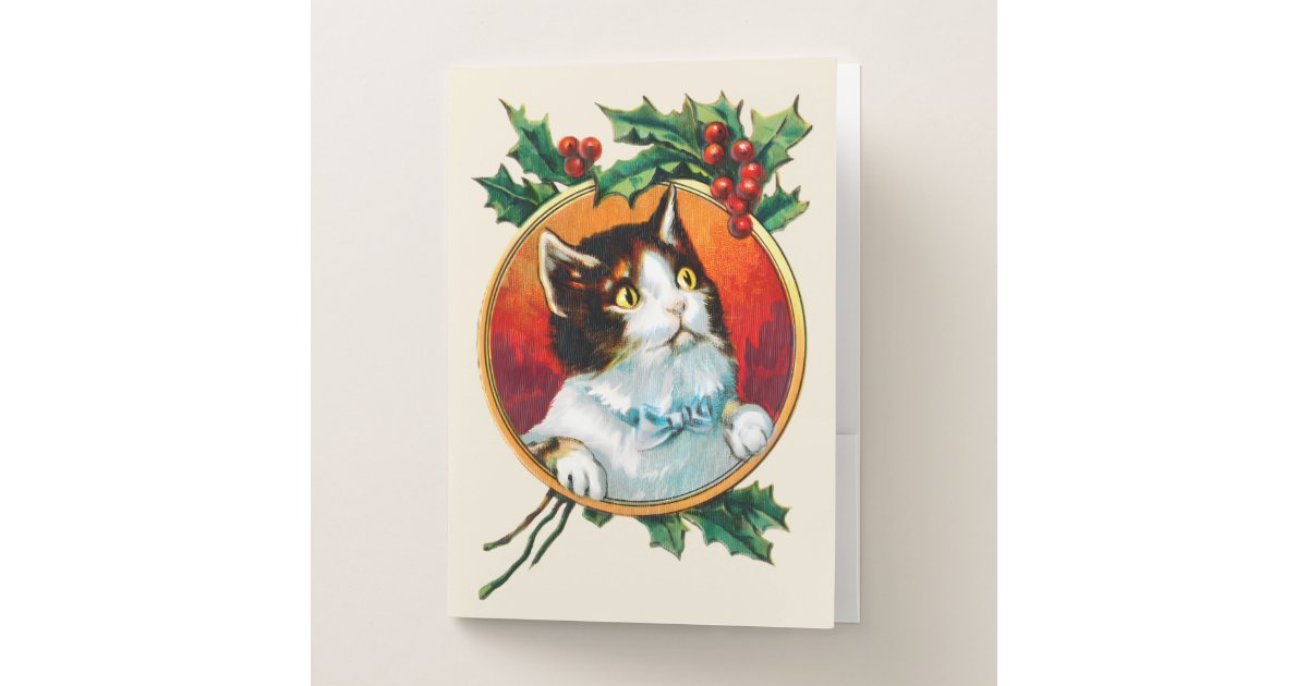 Vintage holly cute cat christmas pocket folder | Zazzle