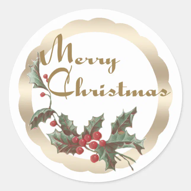 Vintage Holly | Merry Christmas | Gold Frame Classic Round Sticker | Zazzle
