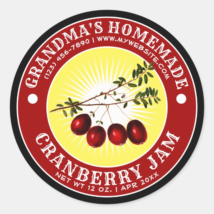 Vintage Homemade Cranberry Jam Template Classic Round Sticker | Zazzle