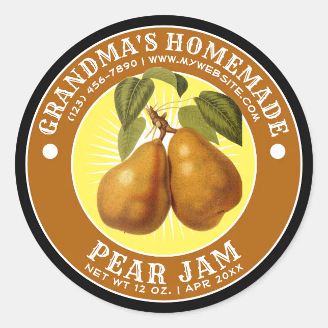 Vintage Homemade Pear Jam Template Classic Round Sticker | Zazzle