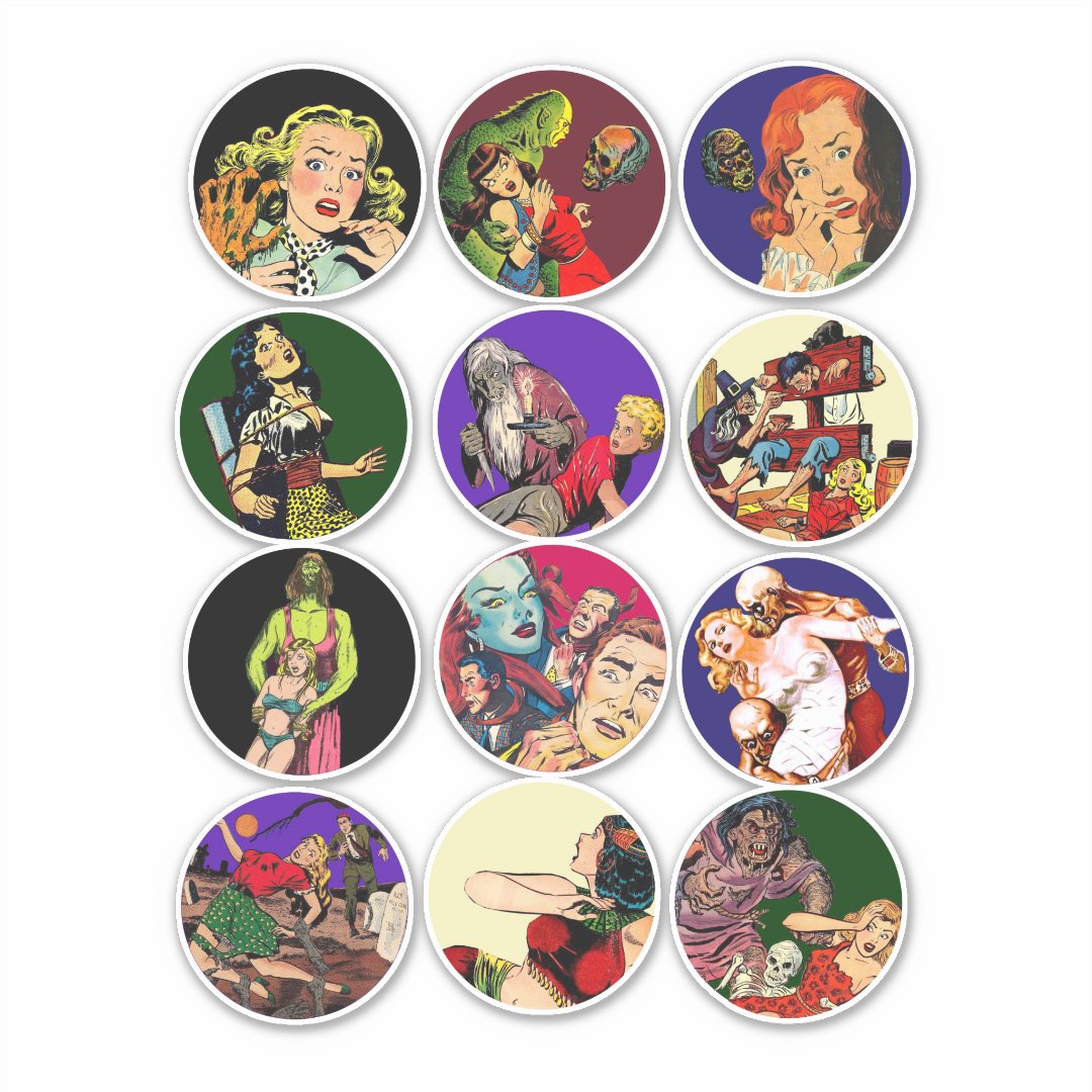 Vintage Horror Comic Book Art Circle Images Sticker | Zazzle