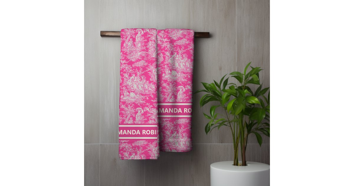 Vintage hot pink toile de jouy printed bath towel set | Zazzle