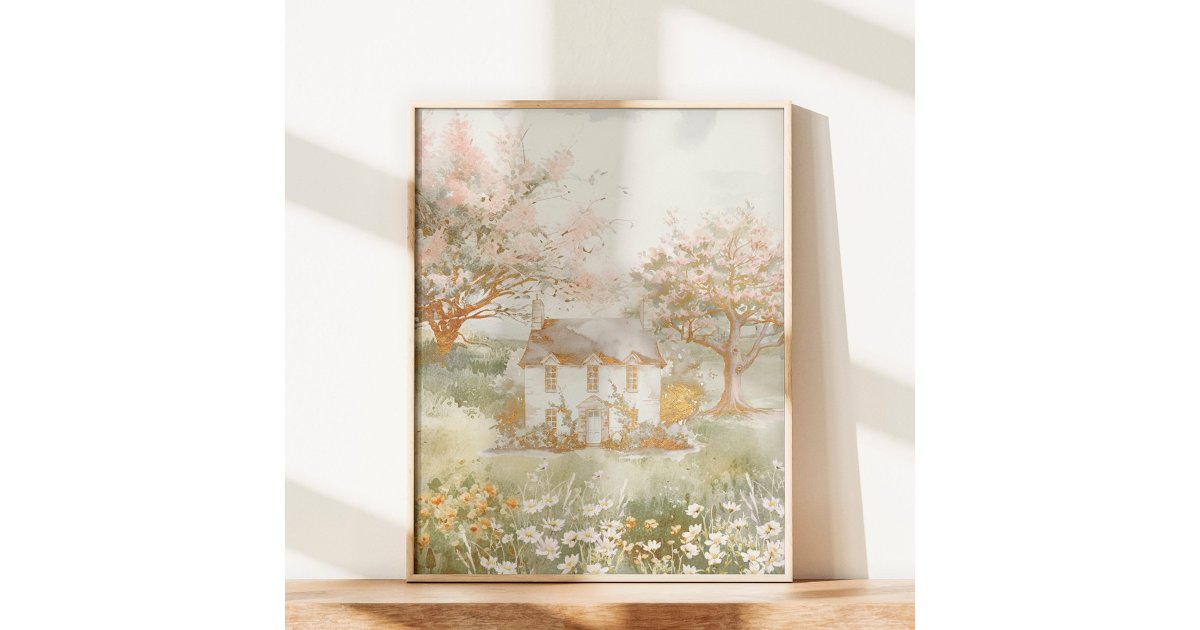 Vintage House in The Green Meadow Cottagecore Art Poster | Zazzle