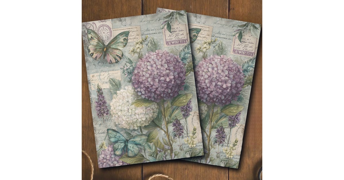 Vintage Hydrangea Butterfly Garden Decoupage Tissue Paper | Zazzle